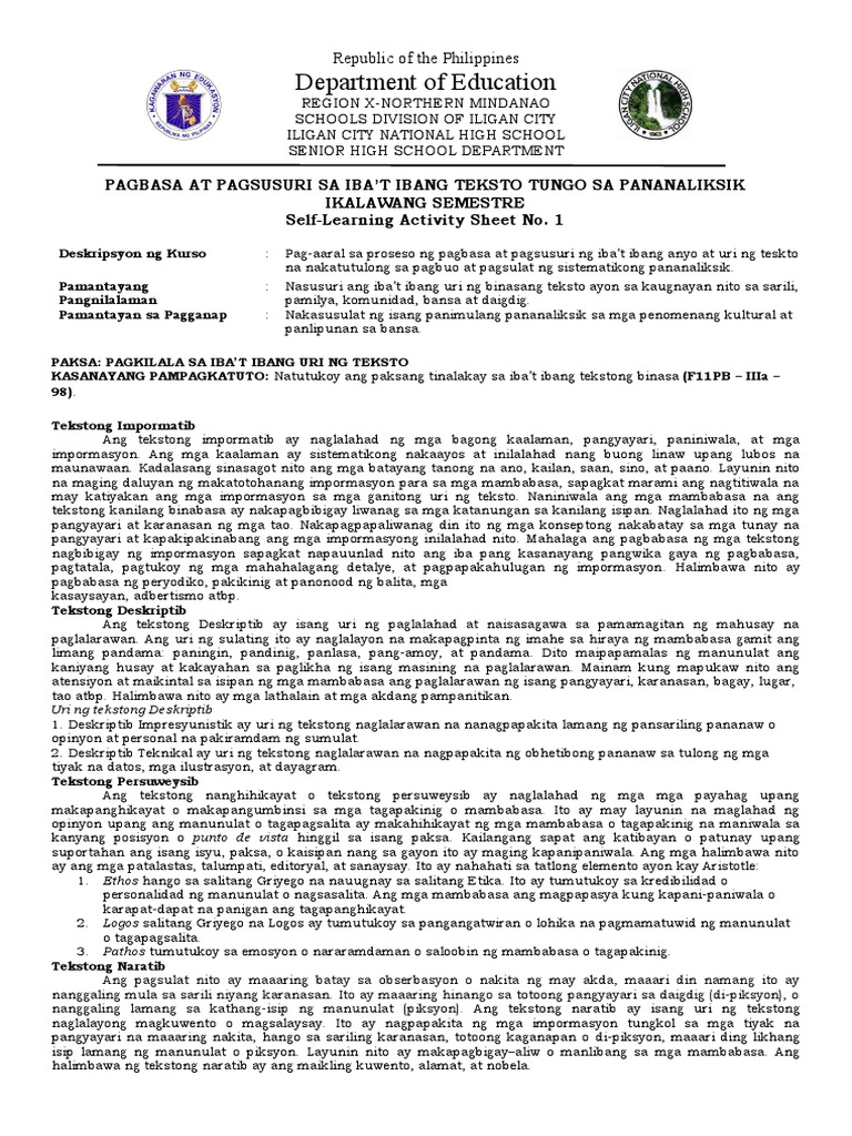 Self-Learning Activity Sheet No. 1 | PDF