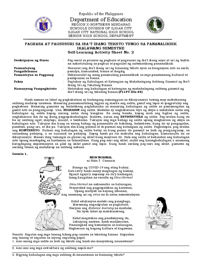 Self-Learning Activity Sheet No. 2 | PDF