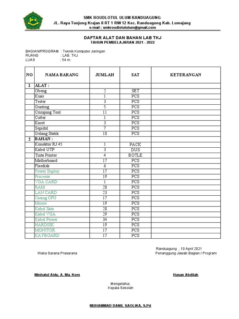 Daftar Alat dan Bahan Lab TKJ SMK 2021 | PDF