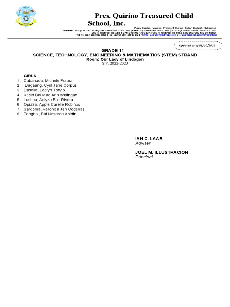 Enrollment List SHS S.Y. 2022 2023 | PDF | Science, Technology ...