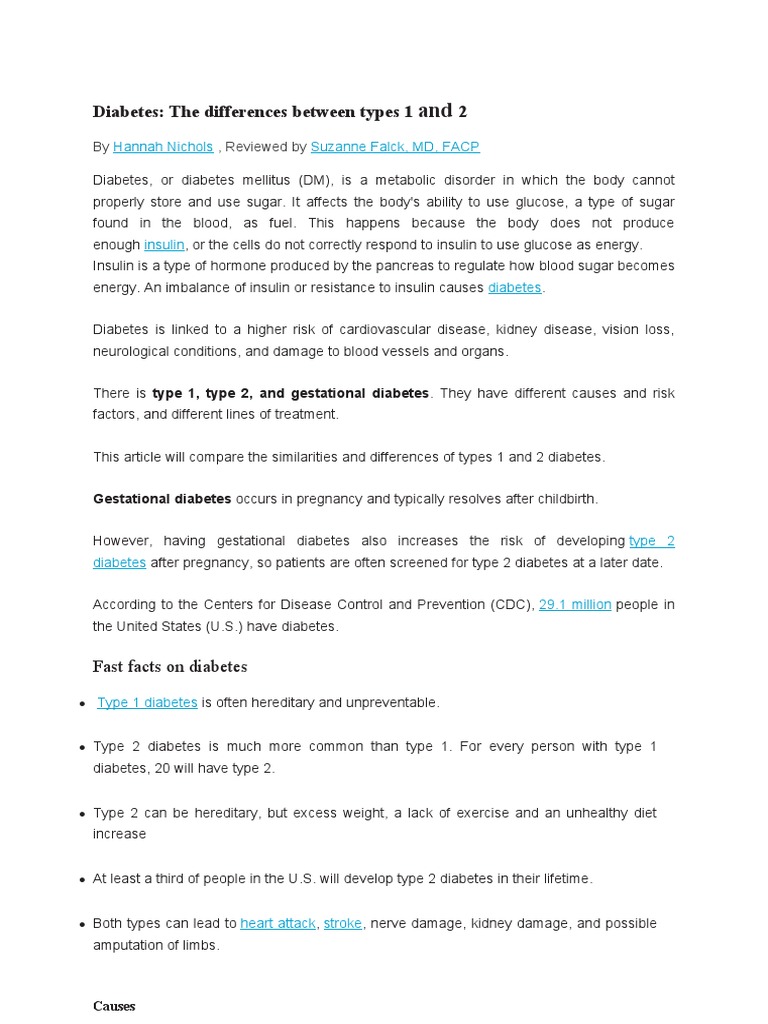Diabetes The Differences Between Types 1 And 2 Download Free Pdf