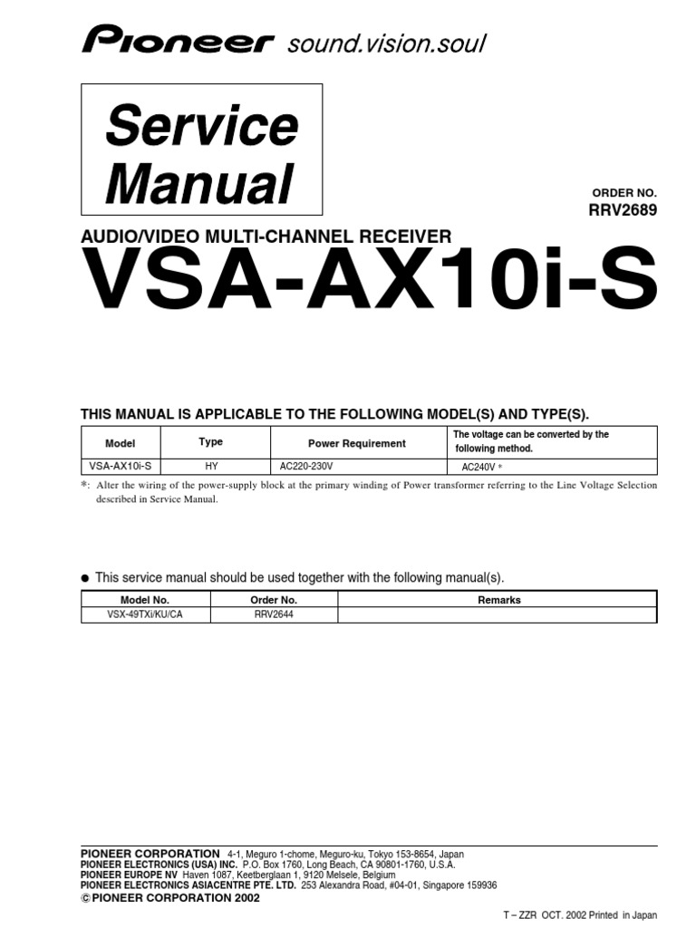 Pioneer Vsa-Ax10i-S rrv2689 | PDF | Electric Power | Equipment