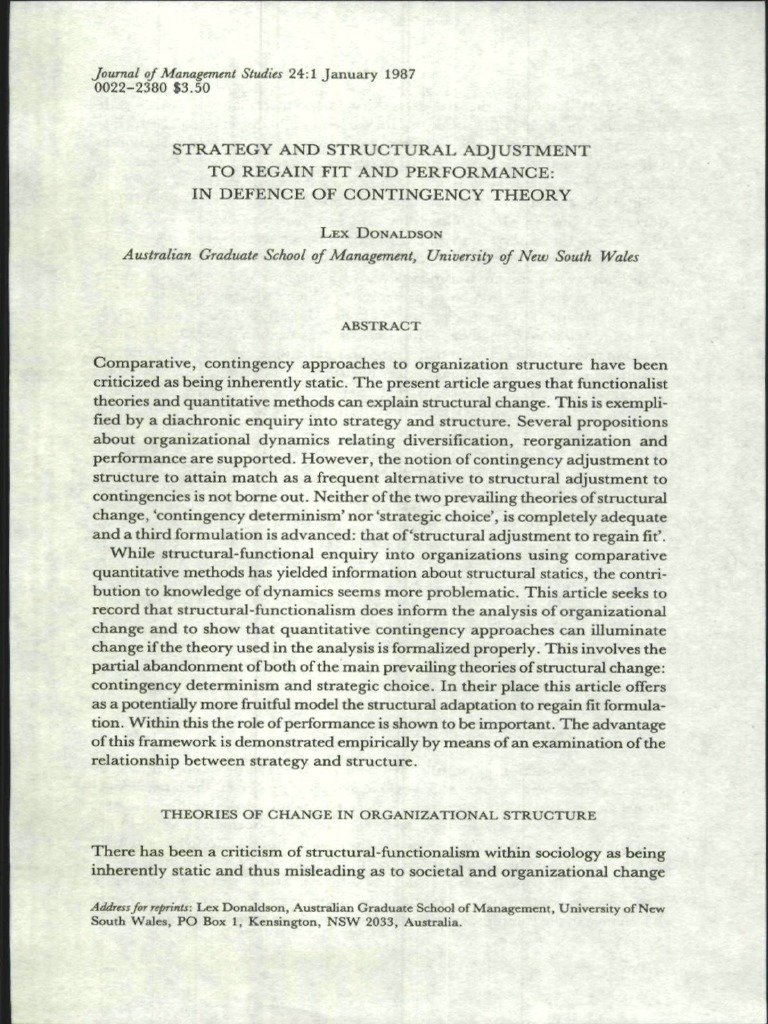 (1987) STRATEGY AND STRUCTURAL ADJUSTMENT TO REGAIN FIT AND PERFORMANCE ...