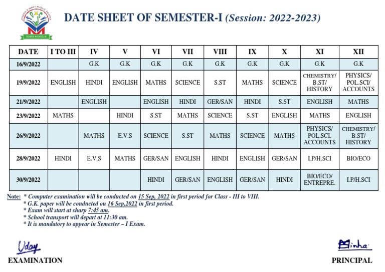 Date Sheet of Semester-I-1 | PDF