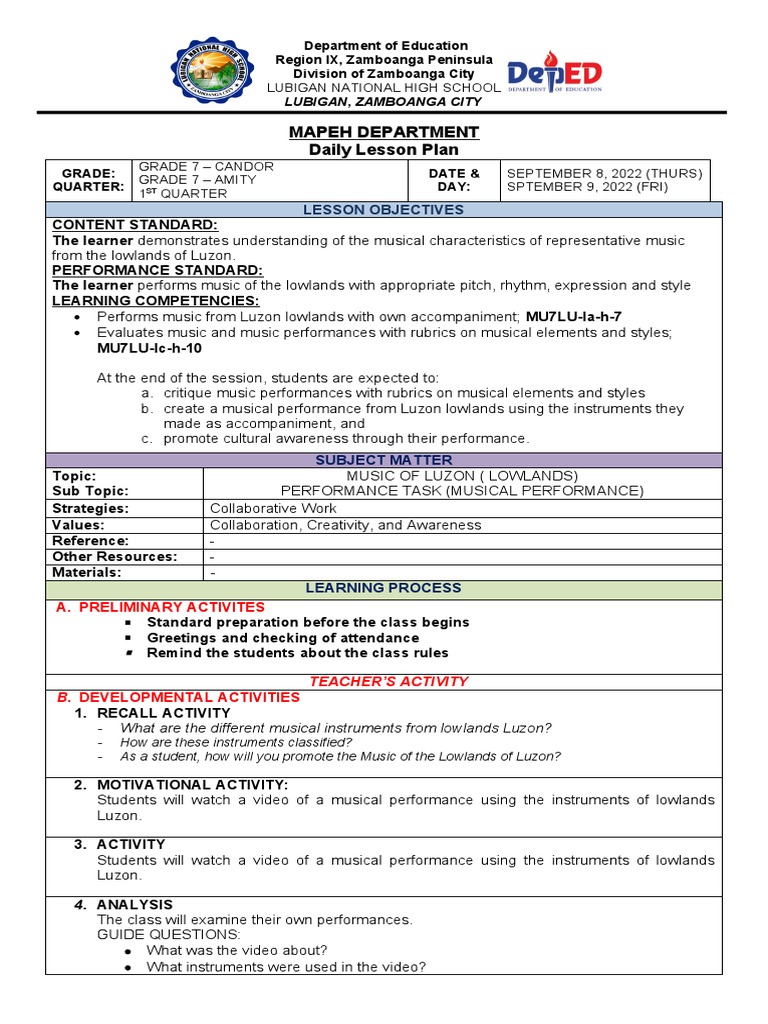 Music Lesson Plan Q1 Melcs 7-10 | PDF | Rubric (Academic) | Lesson Plan