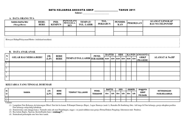 Contoh Form Data Keluarga Anggota GBKP Runggun PDF | PDF