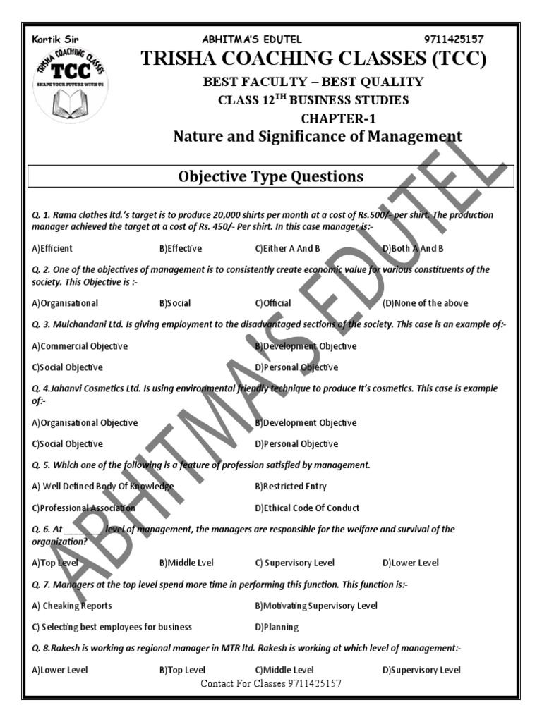 Chapter 1 MCQ Questions | Download Free PDF | Sales | Employment