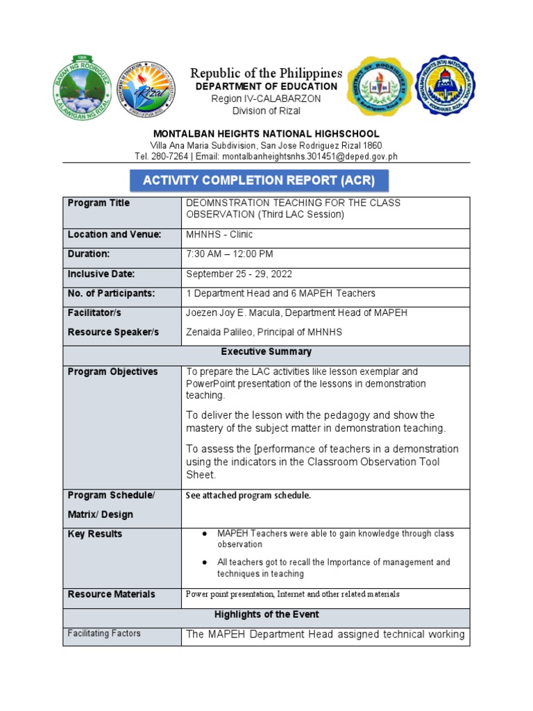 Acr Mapeh Lac Cot | PDF | Teachers | Cognition