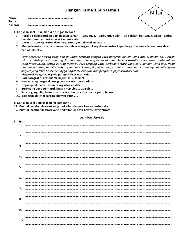 Ulangan Tema 1 SubTema 1 | PDF