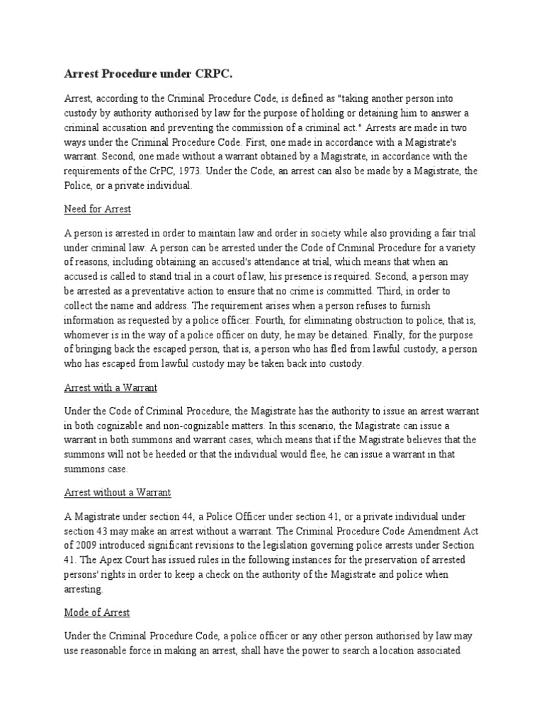 Arrest Procedure Under CRPC | PDF | Arrest | Criminal Procedure In ...
