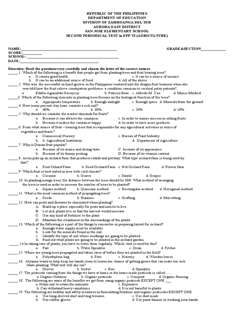 2nd-Periodical-Exam EPP GRADE 6 | PDF | Trees | Orchard