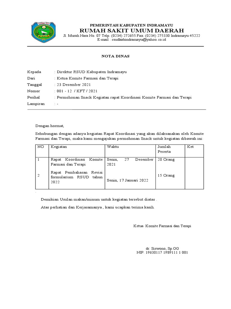 Nota Permohonan Snack Rapat Koordinasi | PDF