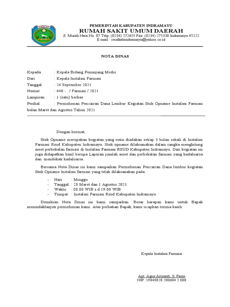Nota Dinas Permohonan Bantuan Dana Operasional Kegiatan Stok Opname Di ...