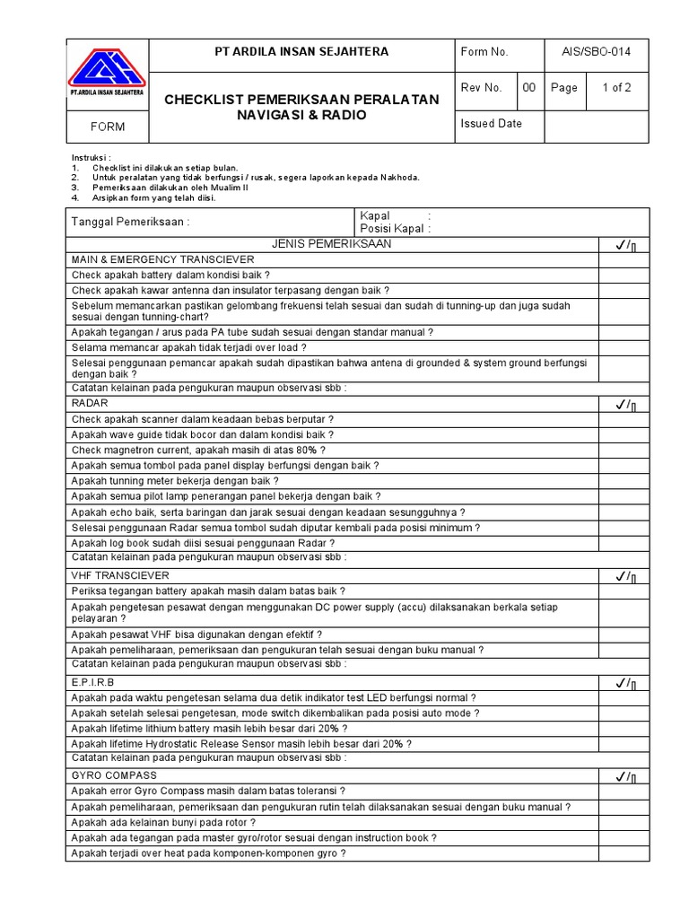 FRM-SBO-014-Checklist Pemeriksaan Peralatan Navigasi & Radio | PDF