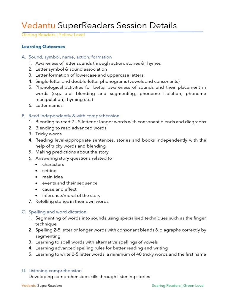 Vedantu SuperReaders Yellow Level Session Details | PDF | Reading Comprehension | Notation