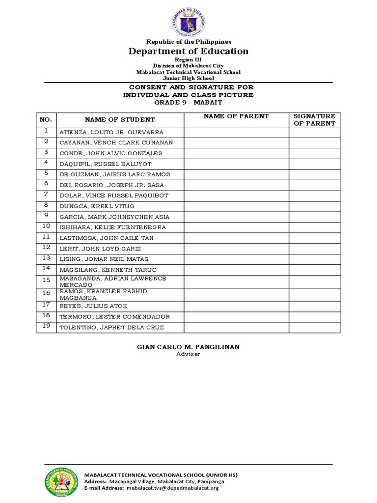Grade 9 Class Picture Consent Forms | PDF