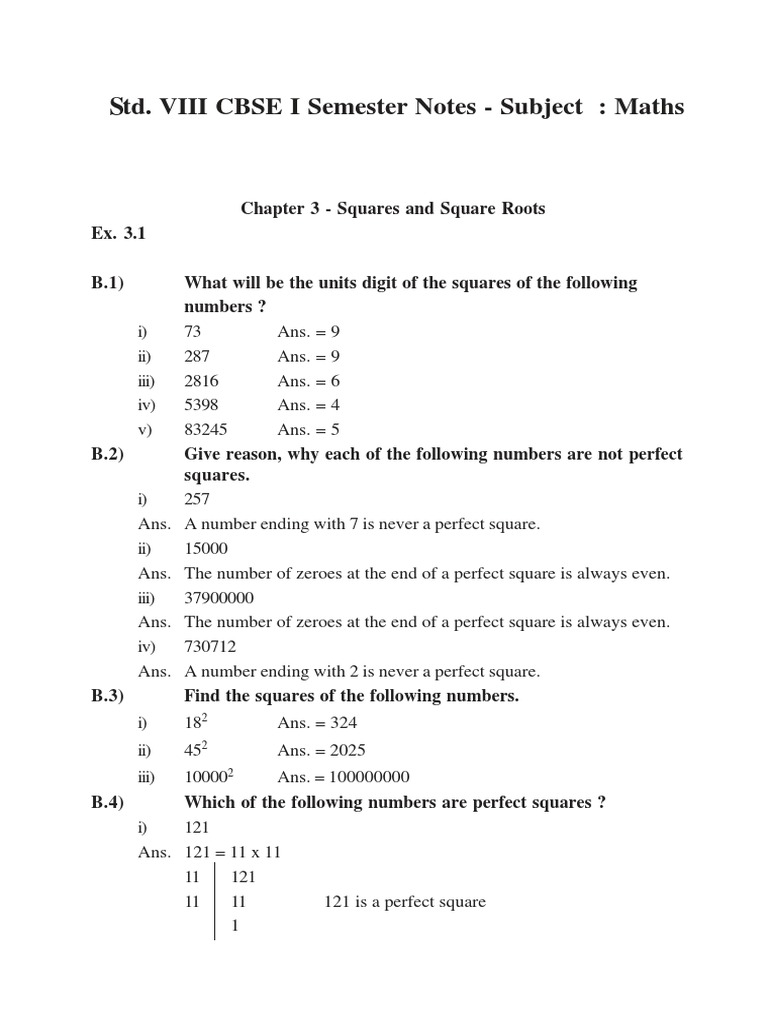 CBSE Std. VIII Maths Chapter 3 - Squares and Square Roots - 26045750 ...