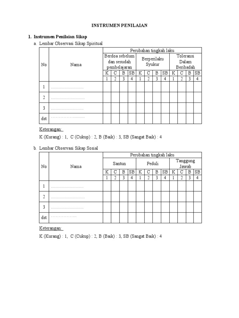 Contoh Instumen Penilaian Sikap, Pengetahuan, Keterampilan | PDF
