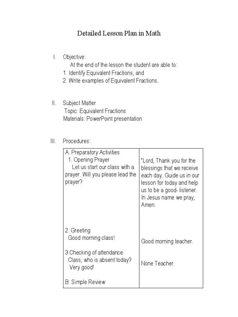 Equivalent Fraction-Detailed Lesson Plan in Math | PDF | Arithmetic | Mathematics