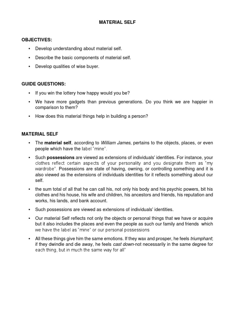 MATERIAL SELF - Learning Guide - Final | PDF | Identity (Social Science ...