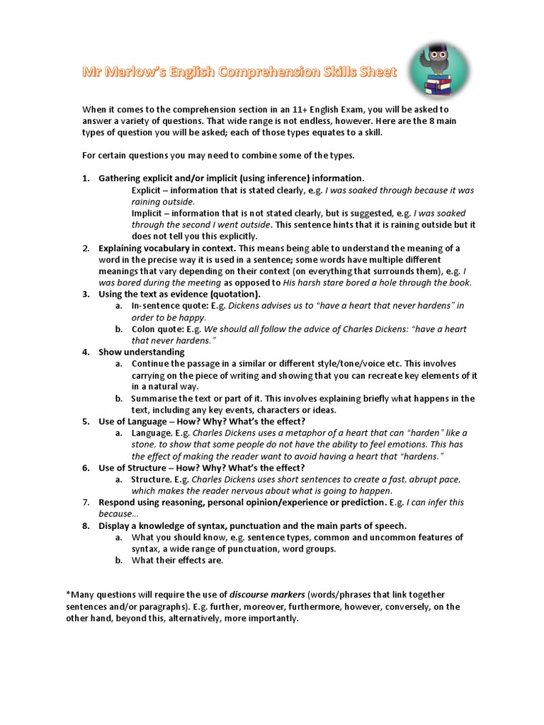 11+ Skill Sheet Handout | PDF | Reading Comprehension | Linguistics