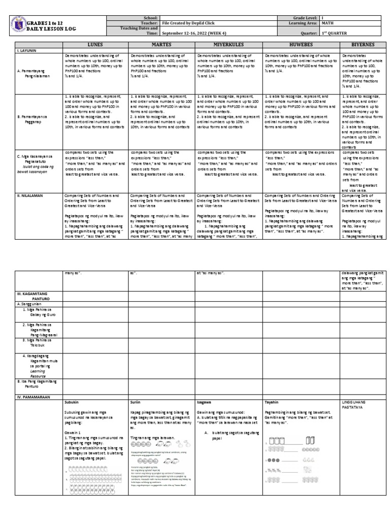 DLL - Math 1 - Q1 - W4 | PDF