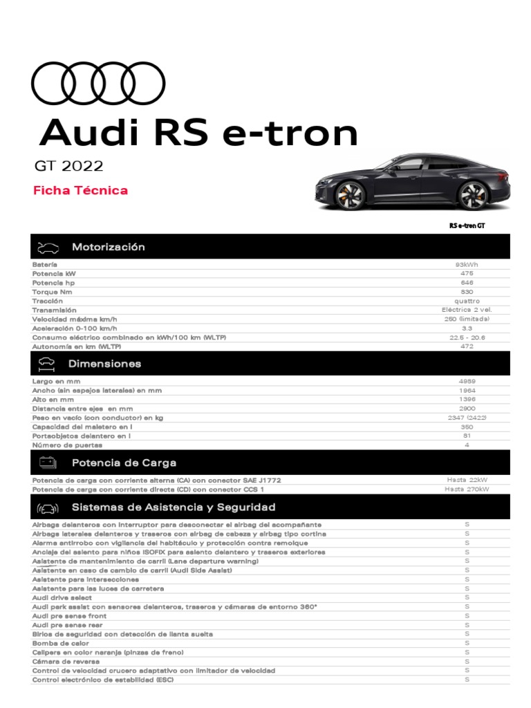 RS e Tron GT Audi Ficha Tecnica MY 2022 | PDF | Airbag | Diodo emisor de luz