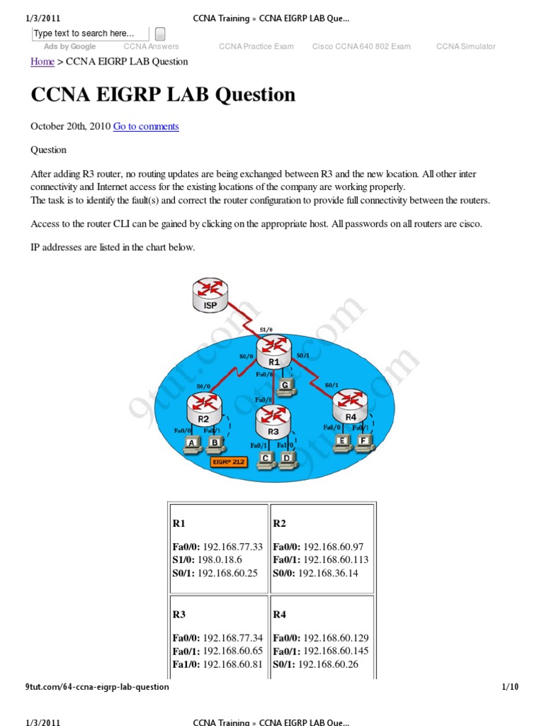 CCNA Training CCNA EIGRP LAB Question | PDF | Cisco Certifications | Router (Computing)