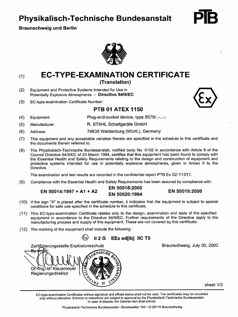 PTB 01 Atex 1150 | PDF