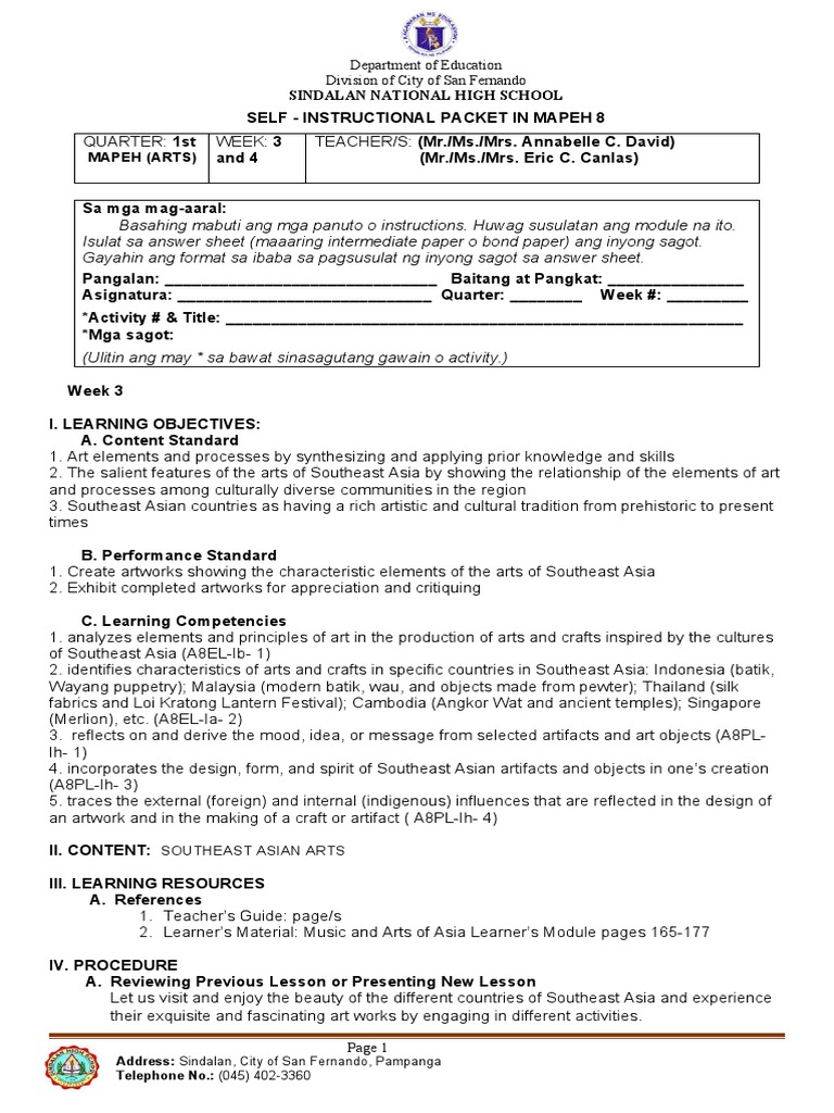 Revised DLP Q1 MAPEH 8 WEEK 3 4 | PDF | Weaving
