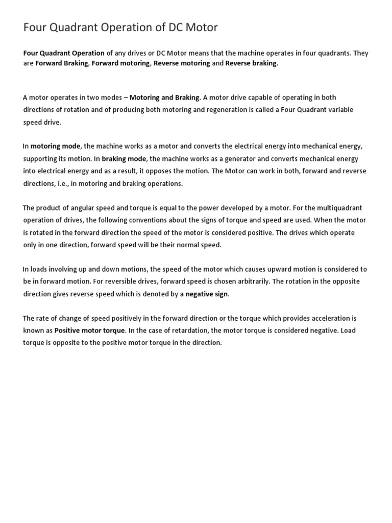 Four Quadrant Operation of Any Motor | PDF | Electric Motor | Torque