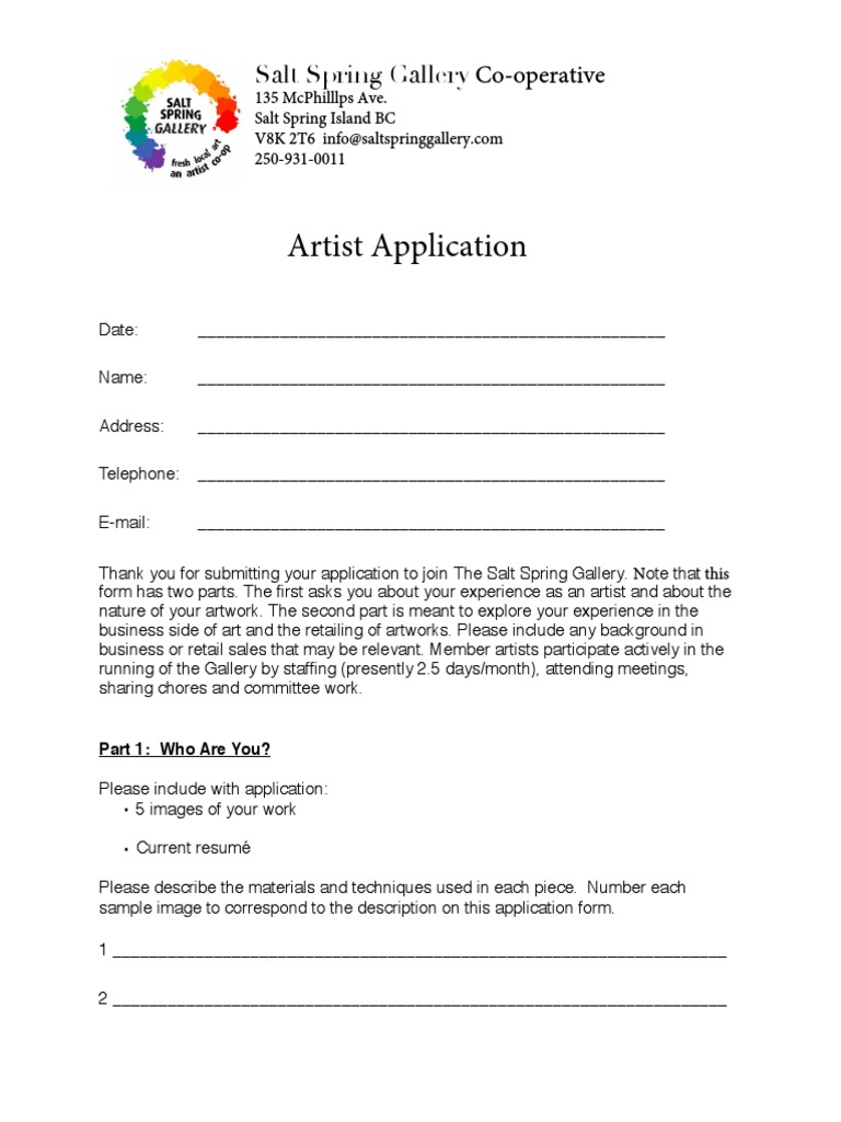 Artist Application Form PDF | PDF | Retail | Business