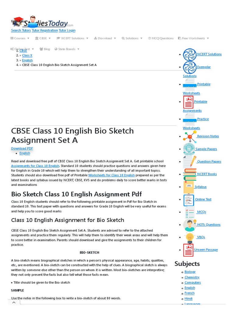 CBSE Class 10 English Bio Sketch Assignment Set A | PDF | Multiple ...