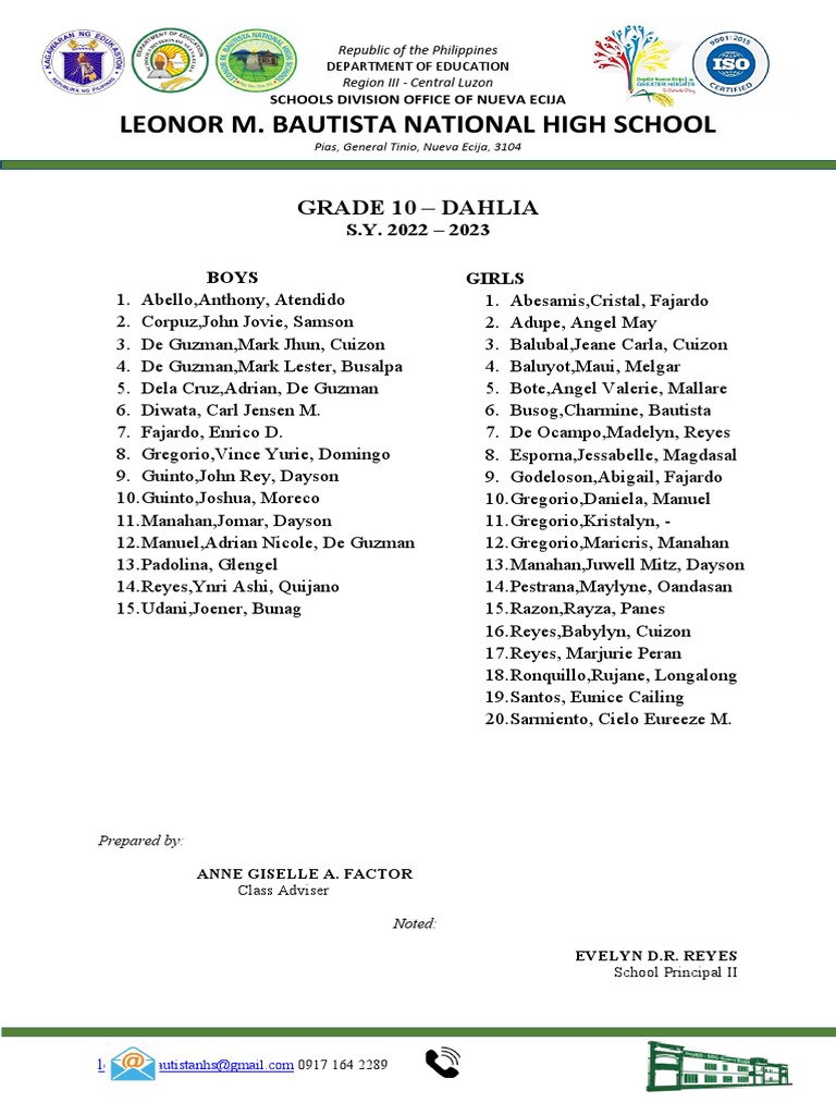 Leonor M. Bautista National High School Grade 10 Class List 2022-2023 | PDF