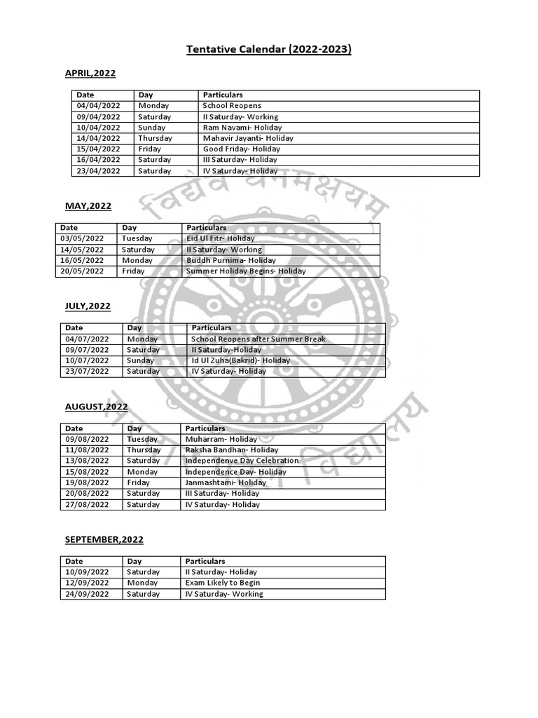 Tentative Calendar 2022 2023 | PDF | Holidays | Observances