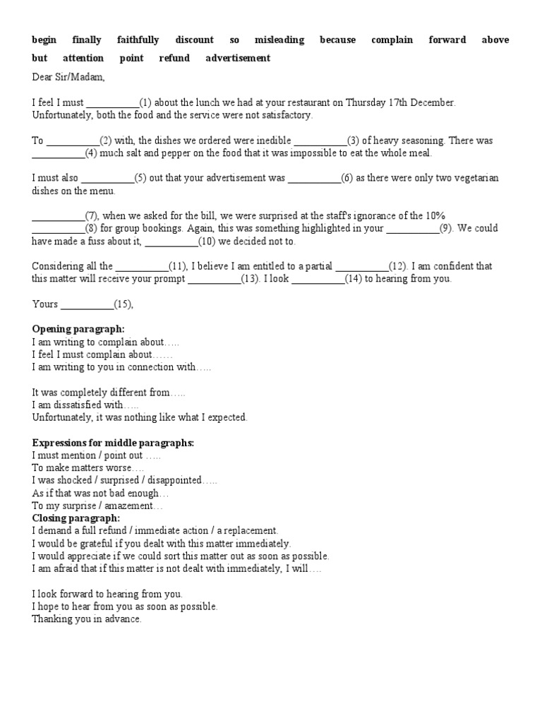 Letter of Complaint Exp | PDF | Cuisine | Food And Drink