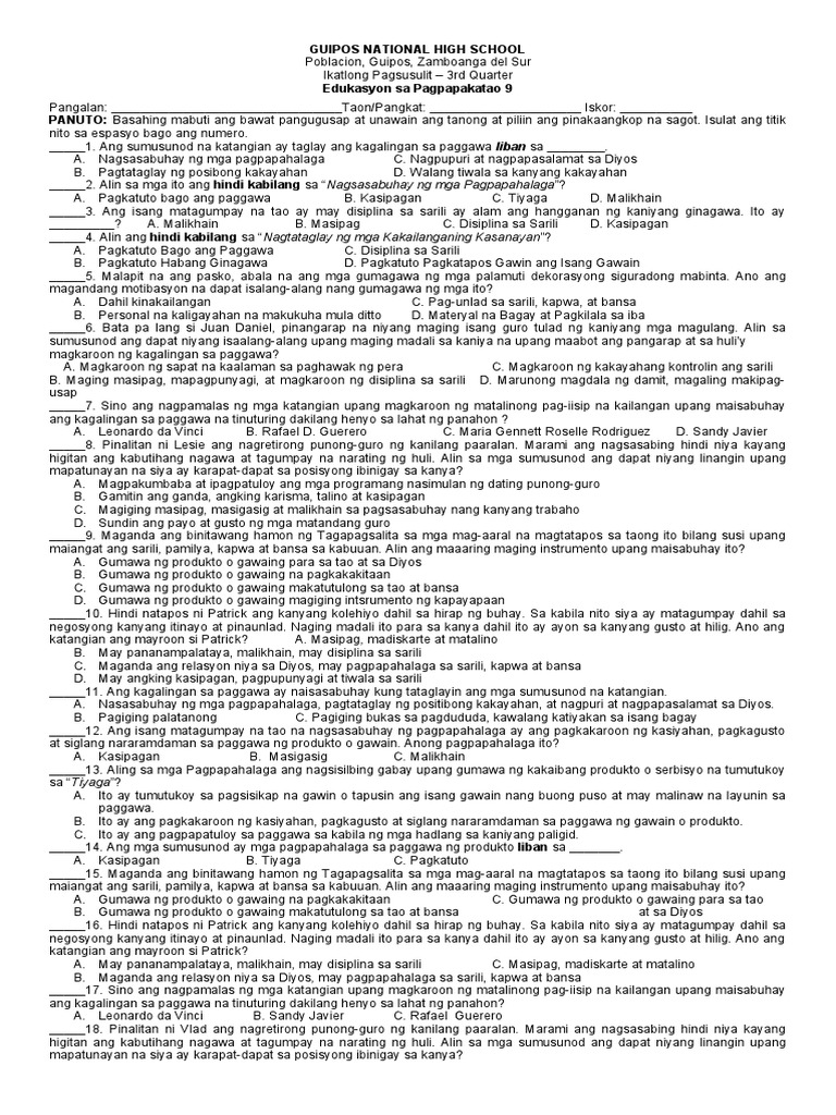 ESP9-ASSESSMENT Q3 Week 5&6 | PDF