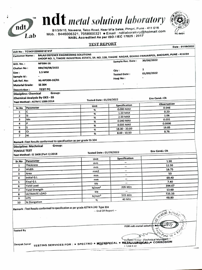 NDT Metal Laboratory Test Report SS 304 | PDF | Physical Sciences ...