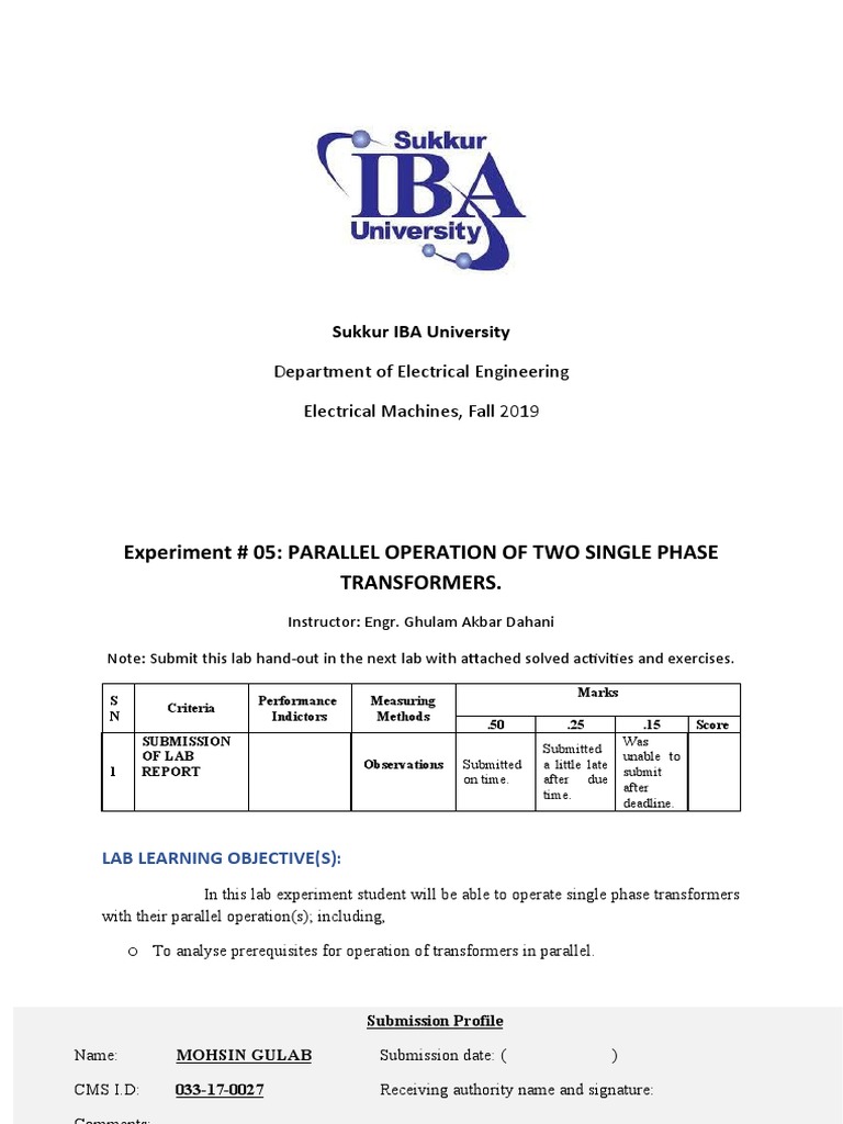 Experiment # 05: Parallel Operation of Two Single Phase Transformers ...