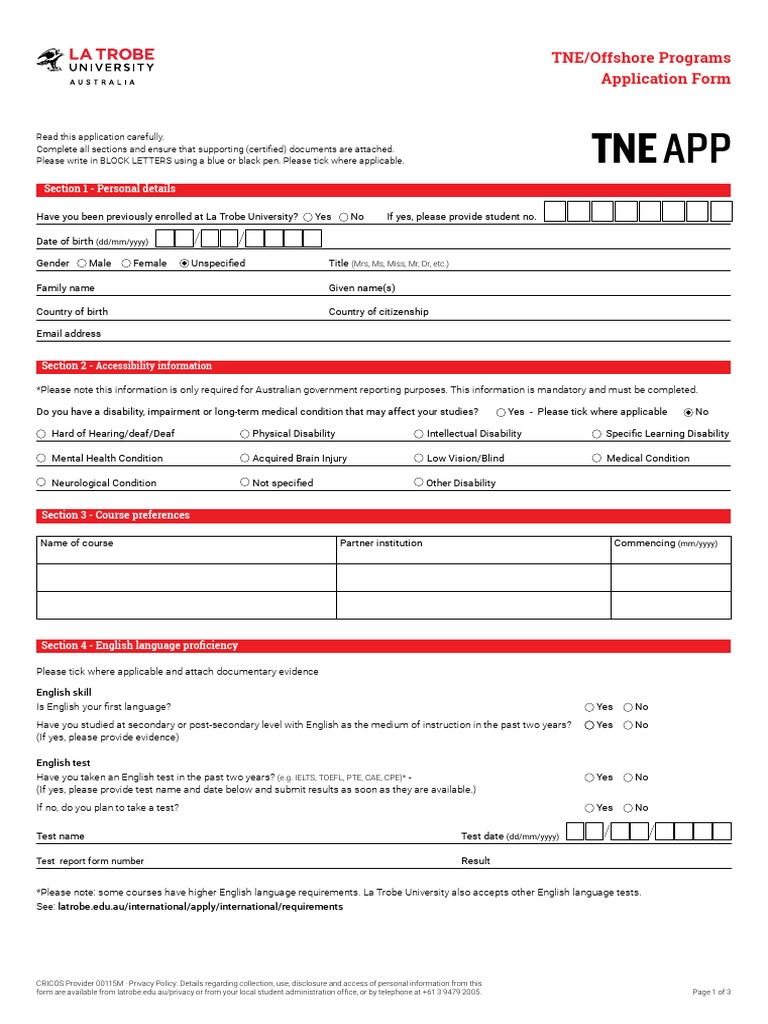 TNE Application Form | PDF | Disability | University And College Admission
