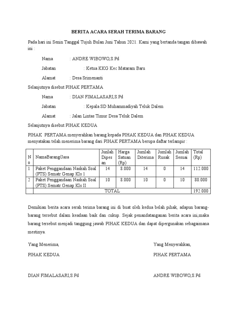 Berita Acara Serah Terima Barang | PDF
