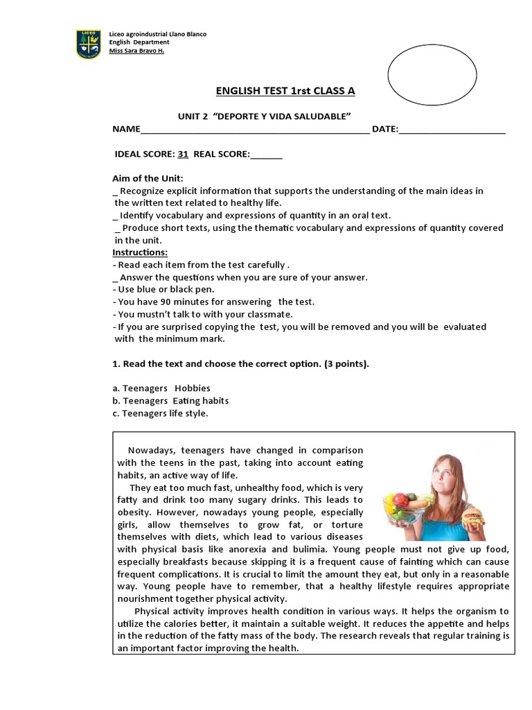 Lesson Plan Test Unit Healthy Life Tests - 92029 | PDF | Adolescence ...
