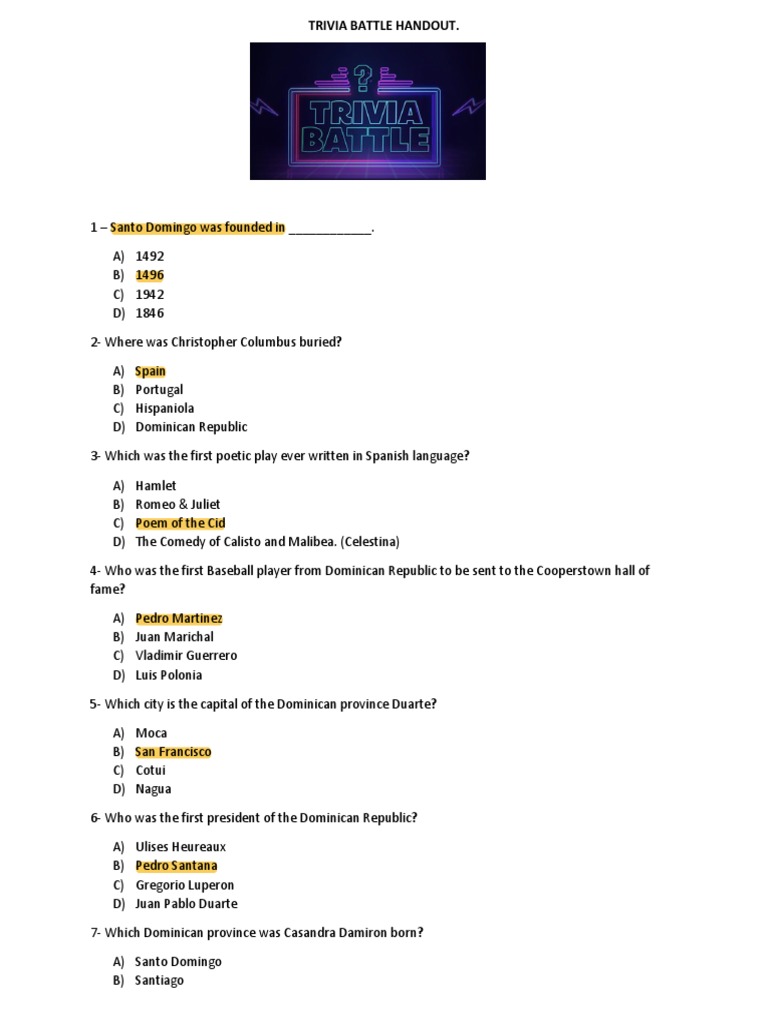 Trivia Battle Handout 2022 | PDF | Dominican Republic