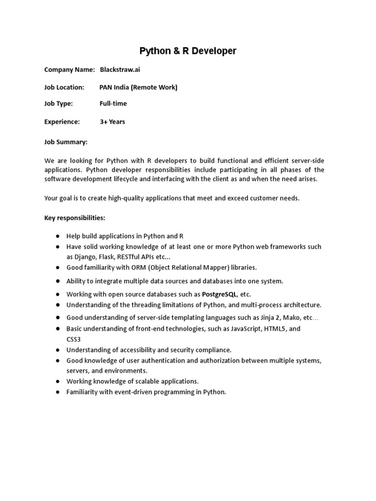 JD - Python & R Developer | PDF | Artificial Intelligence | Intelligence (AI) & Semantics