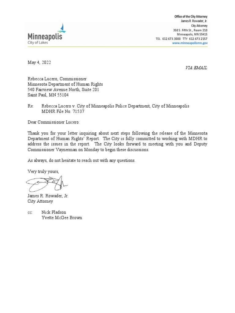 City of Minneapolis MPD Correspondence With MDHR | PDF | Information ...