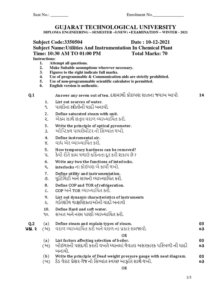 Gujarat Technological University: Diploma Engineering - Semester - 5 (New) - Examination ...