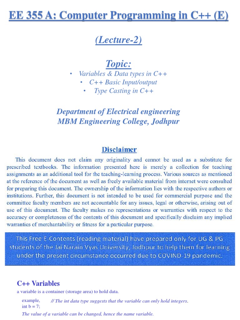 Ee 355 A Computer Programming In C E Lecture 2 Topic Pdf Data Type Variable