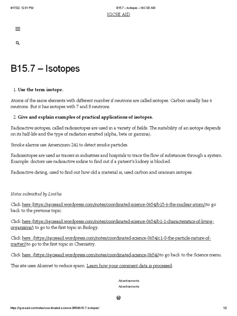 B15.7 - Isotopes - IGCSE AID | PDF | Science & Mathematics