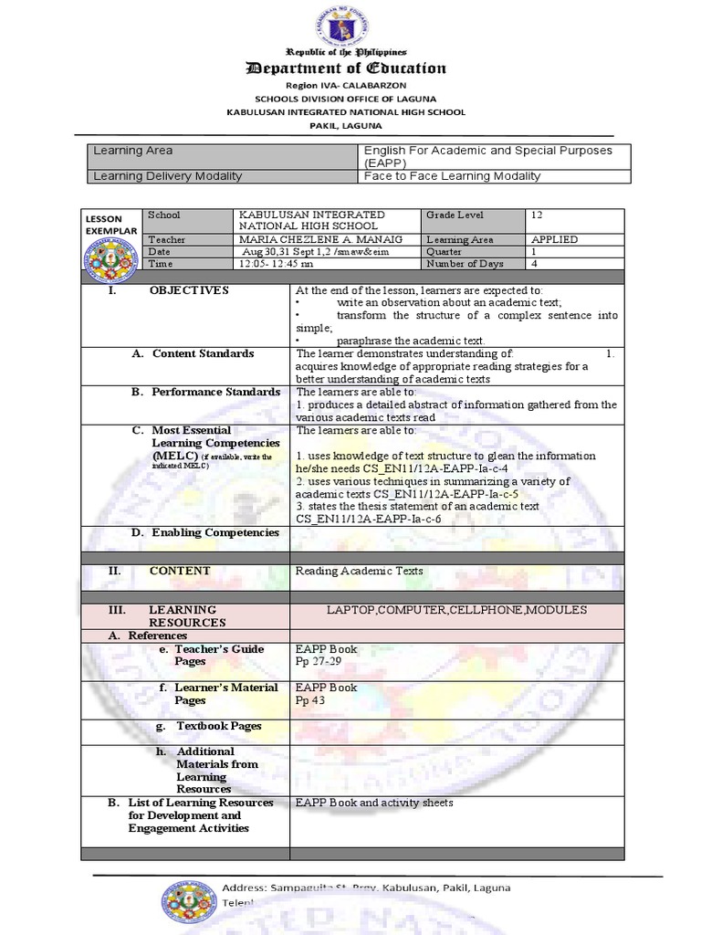 EAPP Lesson Plan for Grade 12 | PDF | Learning | Philippines