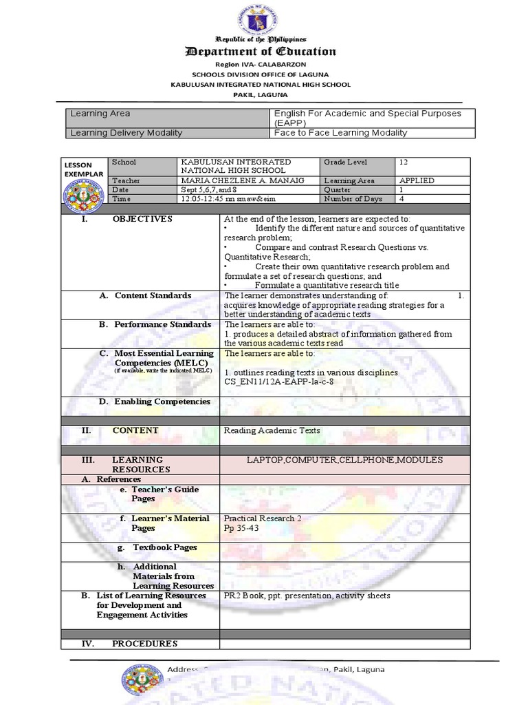 3 Lesson Exemplar Shs Eapp Pdf Learning Teachers